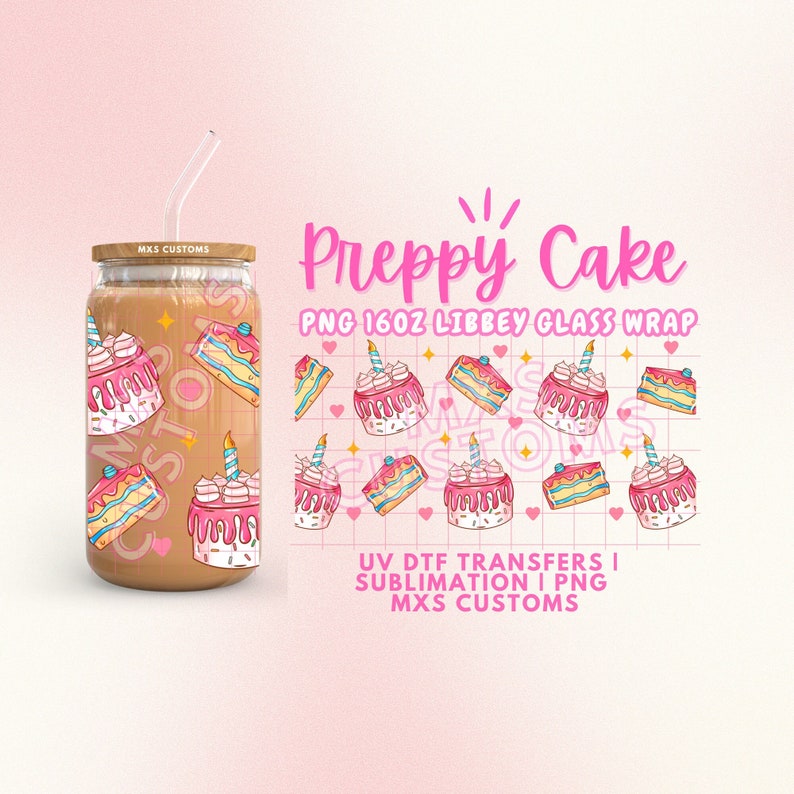 Preppy Birthday Cake PNG, Pink Pastel Digital Cup Wrap for UV DTF ...