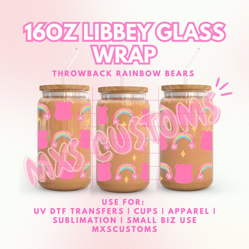 Pink Rainbow Bear Wrap PNG, Cute Cup Wrap for UV DTF, Preppy 90s Print ...