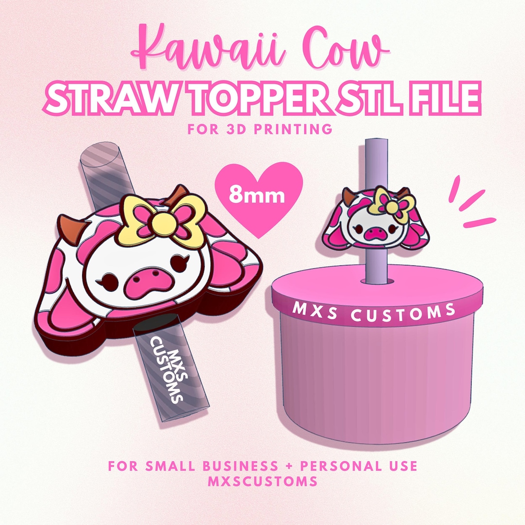 Kawaii Cow Straw Topper STL File for 3D Printing | Cute 8mm Straw ...