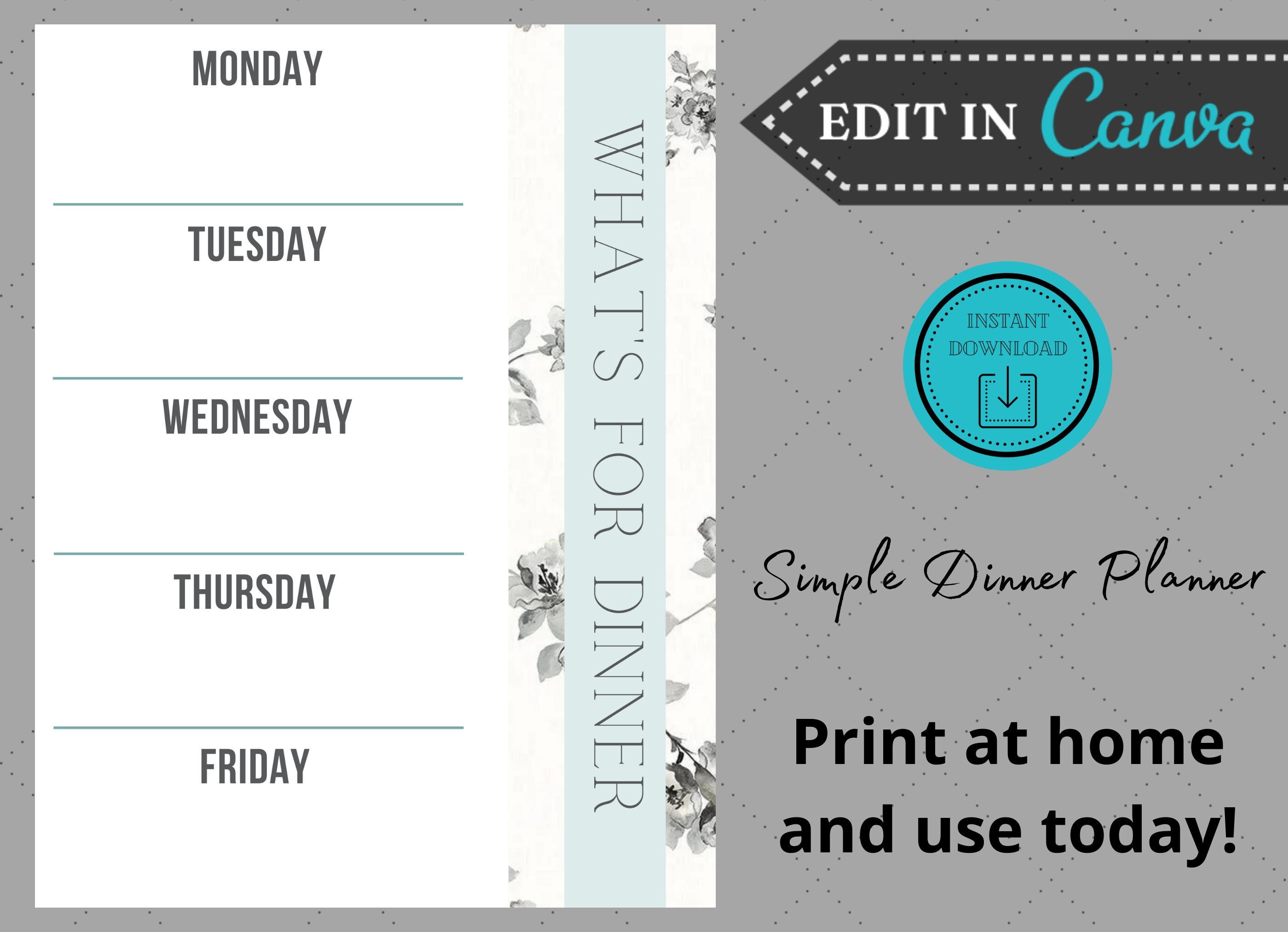 Printable Dinner Planner, Simple Modern Weekly Dinner Planner, Floral ...