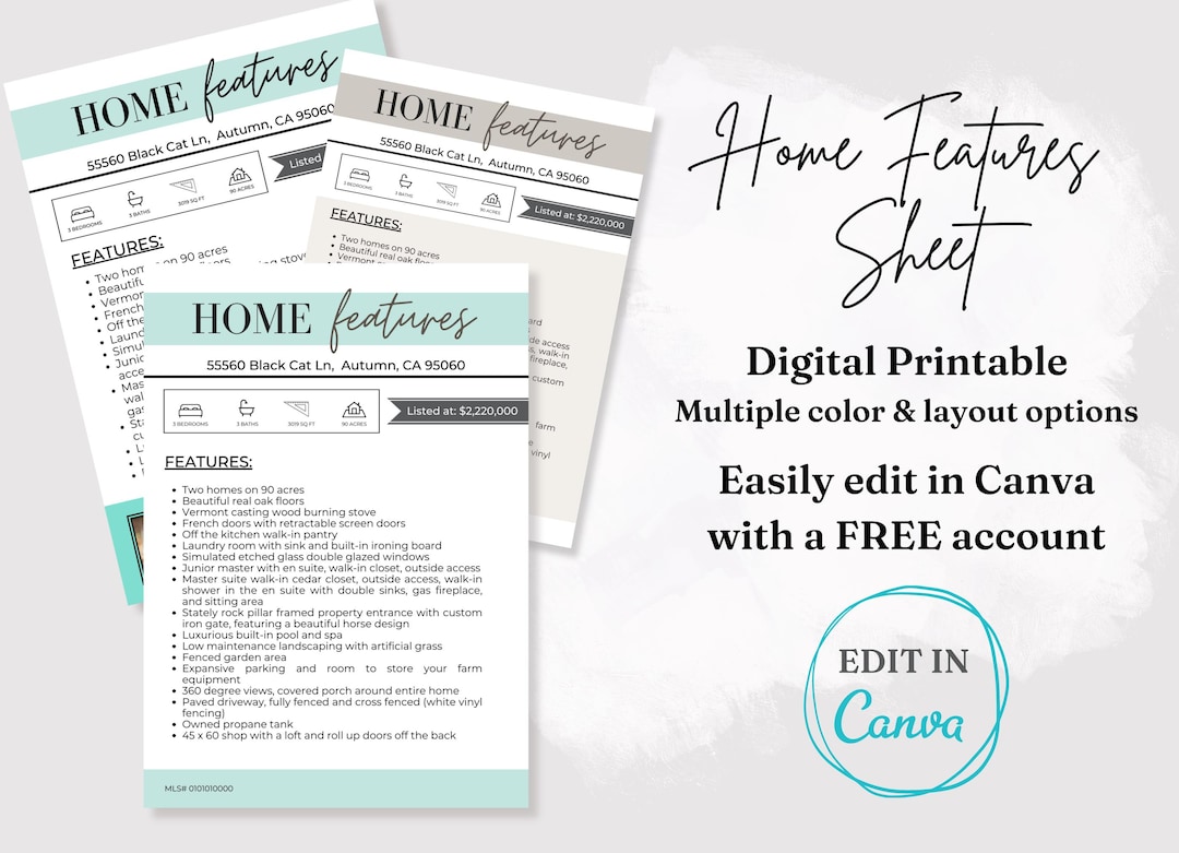 Real Estate Home Features Sheet, Editable Real Estate Features, Realtor ...