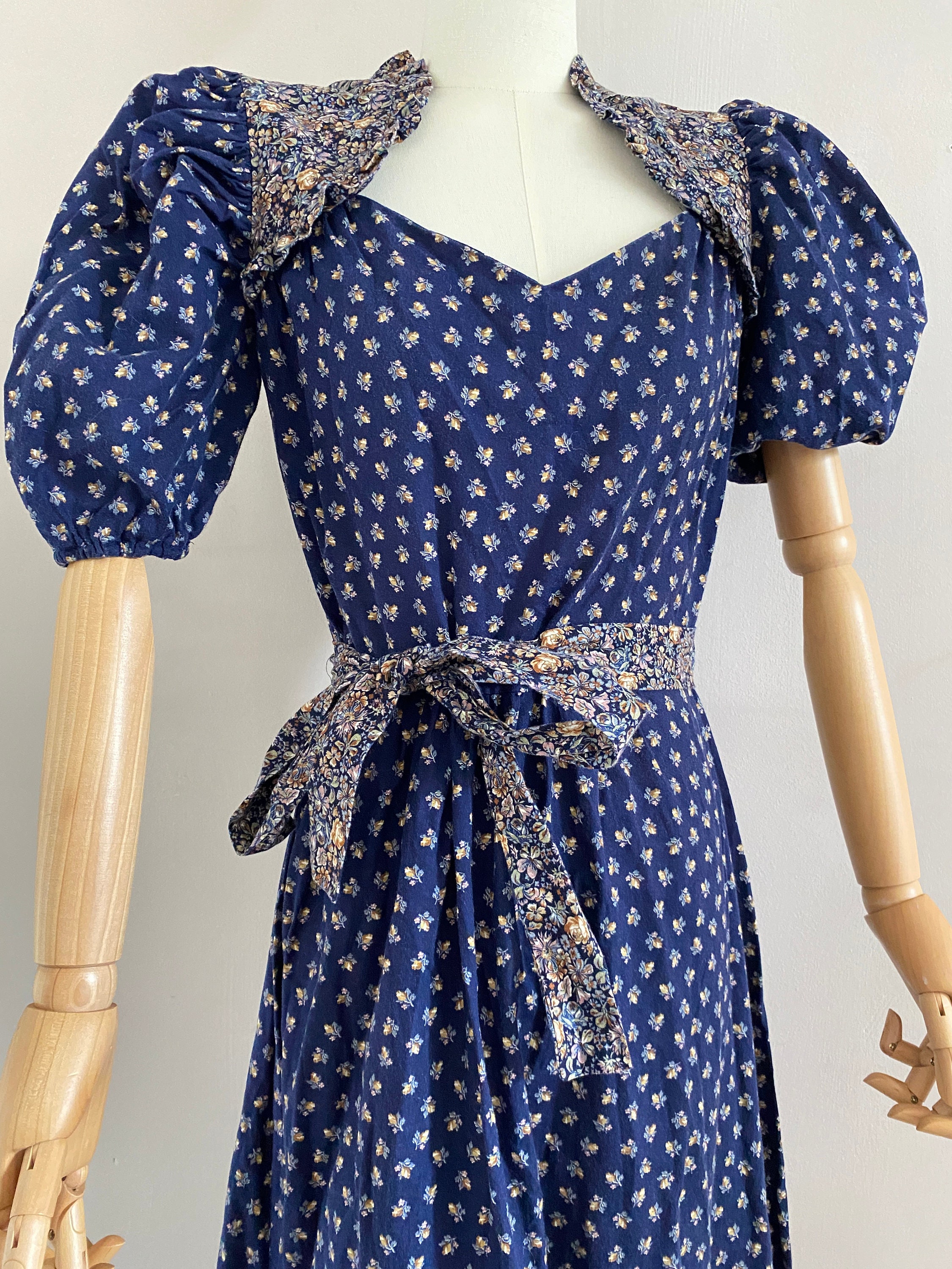 Vintage 70s Blue Cotton Prairie Dress - 1970s Maxi Floral Maxi Robe ...