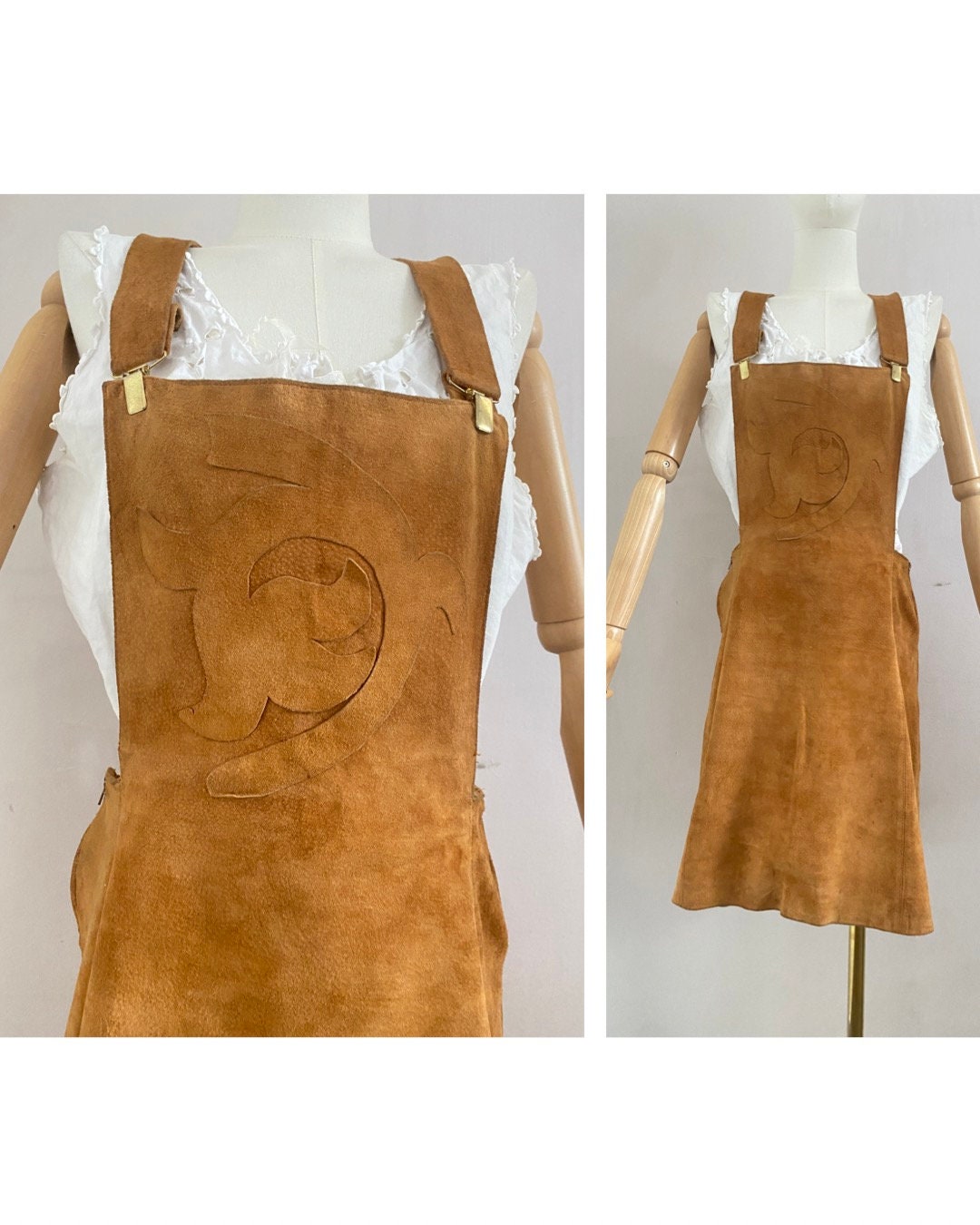 Vintage 1960s Suede Mini Dress SIZE S - 60s Brown Leather Pinafore Robe ...