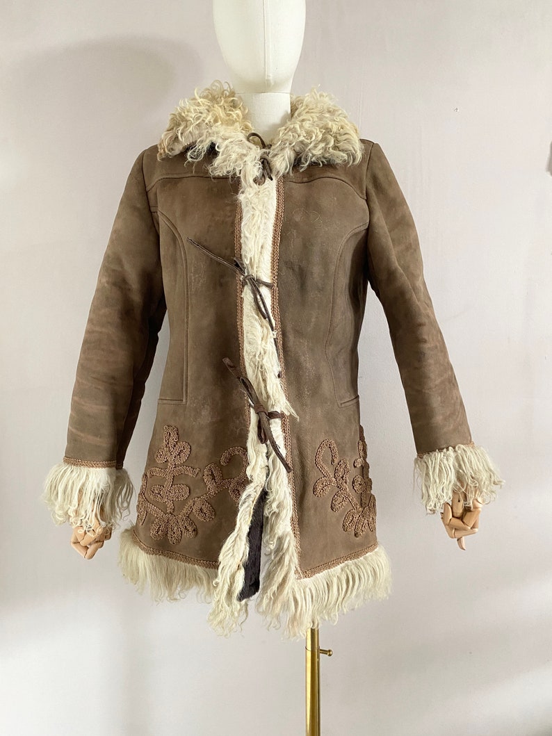 Vintage 70s Afghan Coat Xs/s 1970s Camel Suede Leather Mongolian Fur ...
