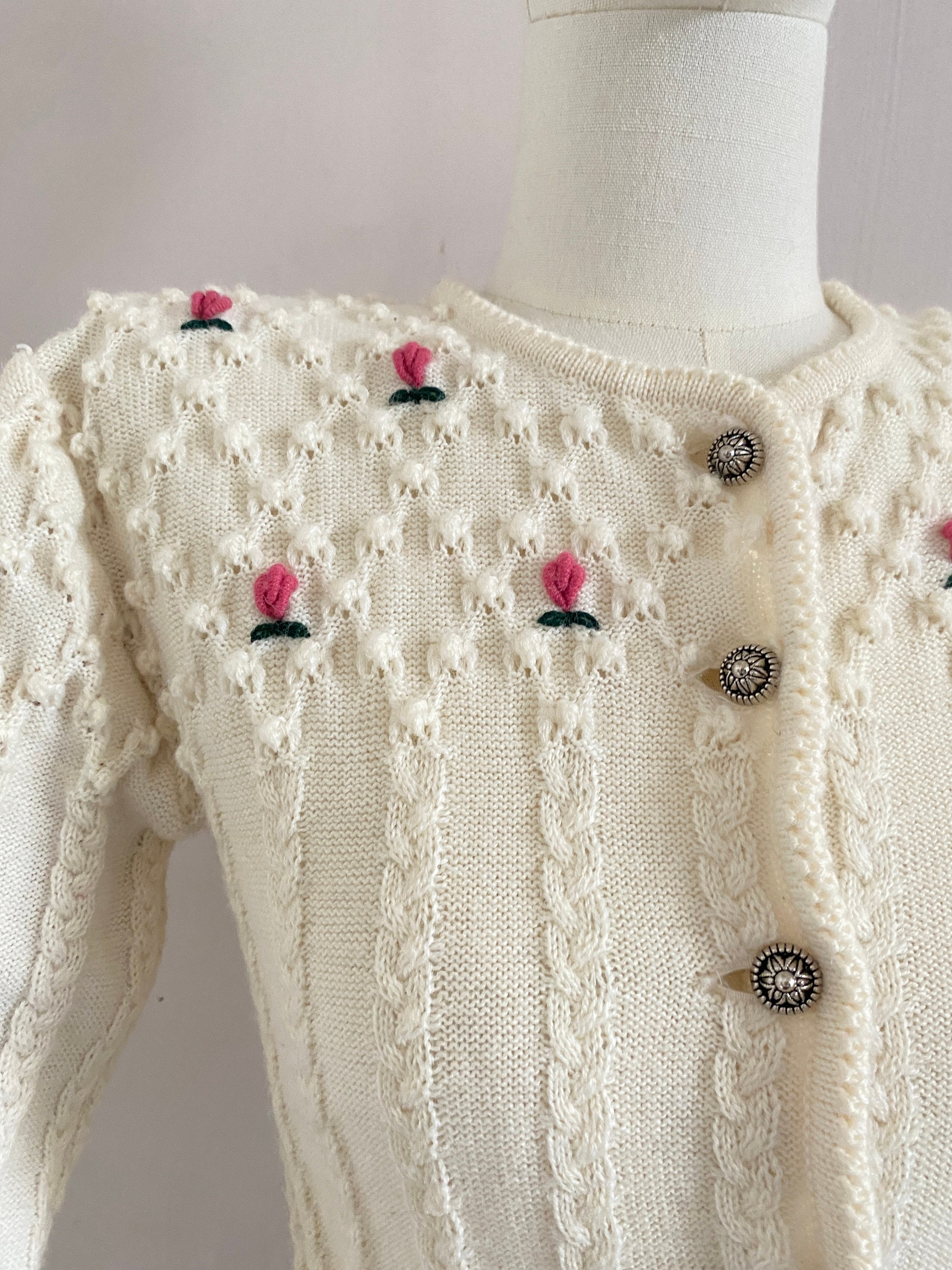 Vintage 80s Cream White Austrian Cardigan With Embroidered Vintage 80s Cream White Austrian Cardigan With Embroidered