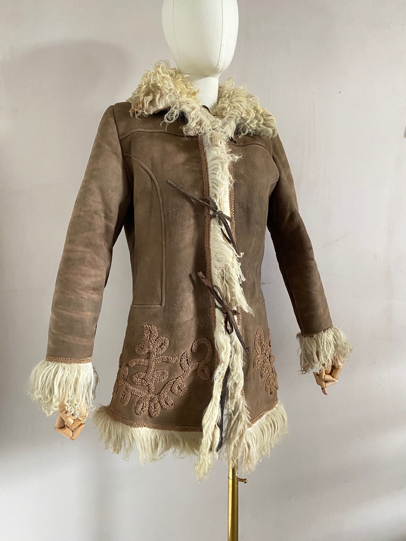 Vintage 70s Afghan Coat Xs/s 1970s Camel Suede Leather Mongolian Fur ...