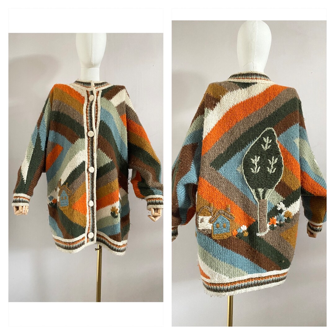 Vintage 80s Hand Knitted Wool Landscape Oversized Vest 1980s Dobrila ...