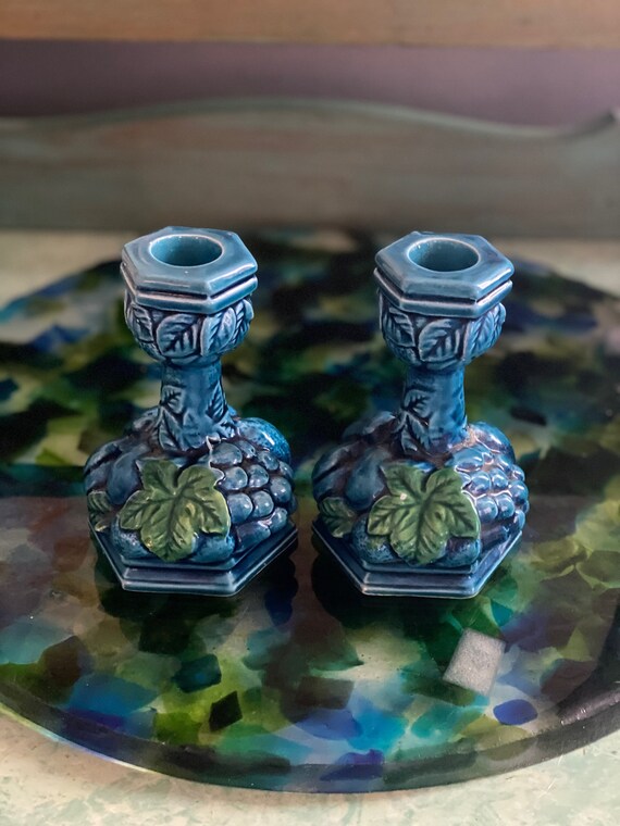 Vintage INARCO Indigo Blue Candle Holder Set | Etsy