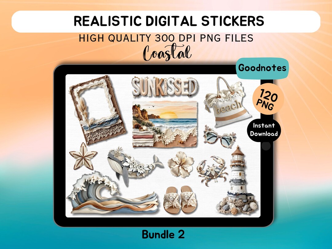 120 Realistic Coastal Beach Themed Digital Stickers | Includes ...