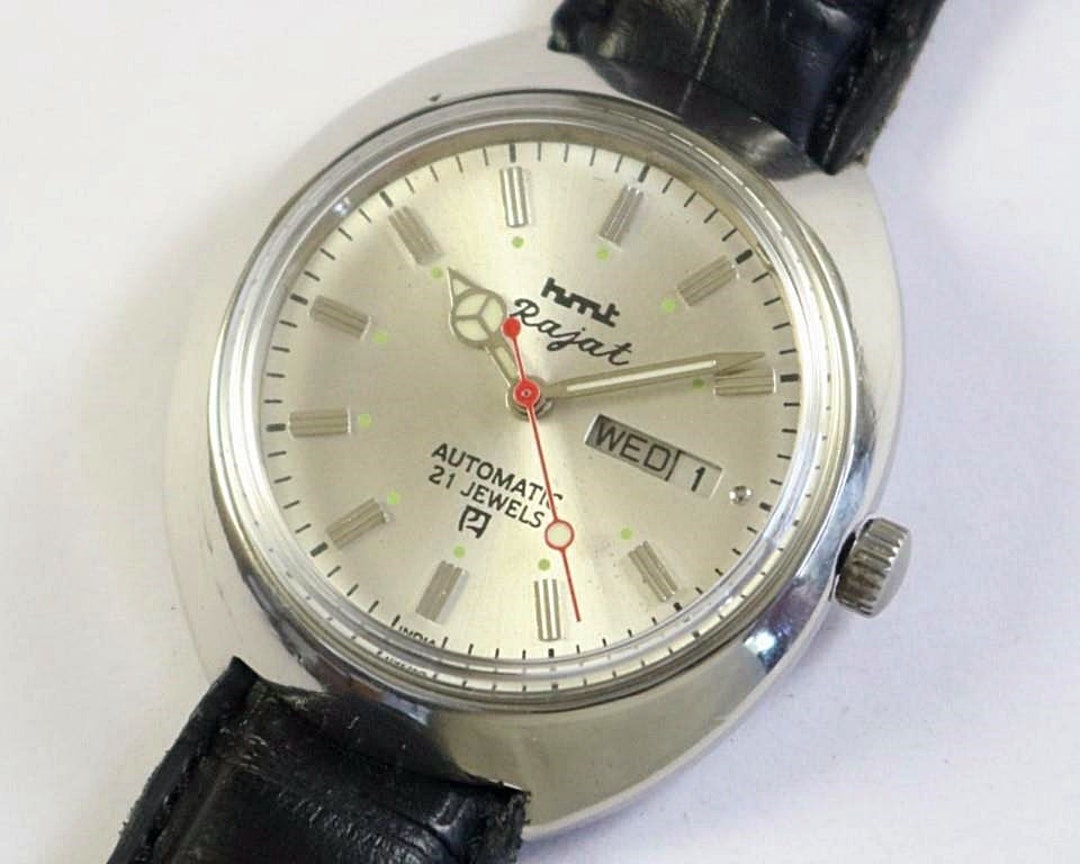 Vintage HMT Rajat Silver Dial Indian Automatic Mens Wrist Watch Day ...