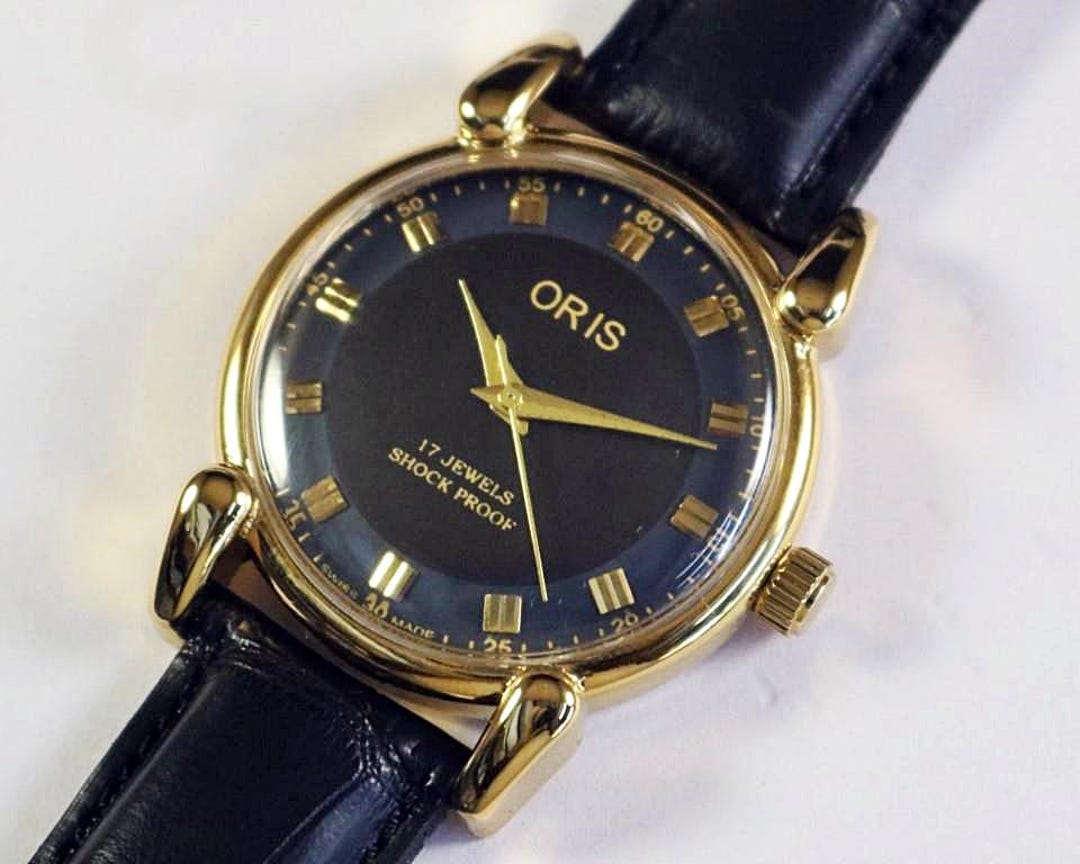 Swiss Made Vintage Hand Winding Mens Wrist Watch Tear Drop Lugs Black ...