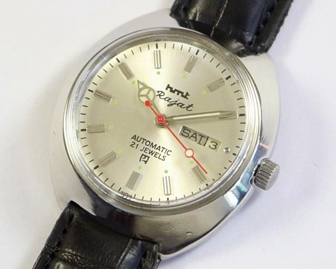 Vintage HMT Rajat Silver Dial Indian Automatic Mens Wrist Watch Day ...