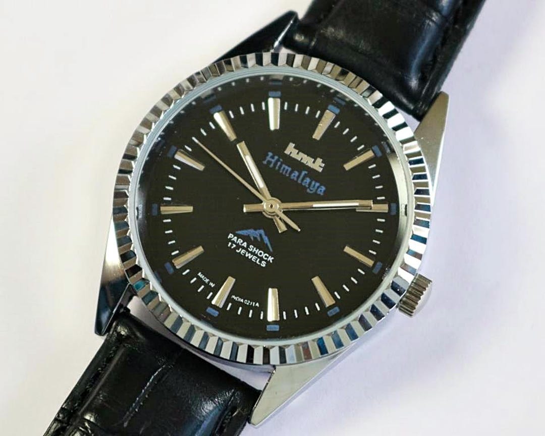 HMT Himalaya Indian Mens Wrist Watch Mechanical Hand Winding Black Dial ...