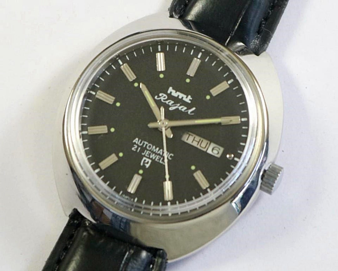 Vintage HMT Rajat Black Dial Indian Automatic Mens Wrist Watch Day Date ...