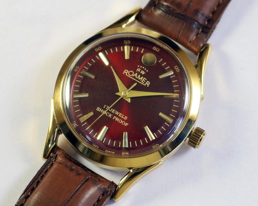 Vintage Roamer Swiss Made Hand Winding Mens Wrist Watch Red Dial Curved ...