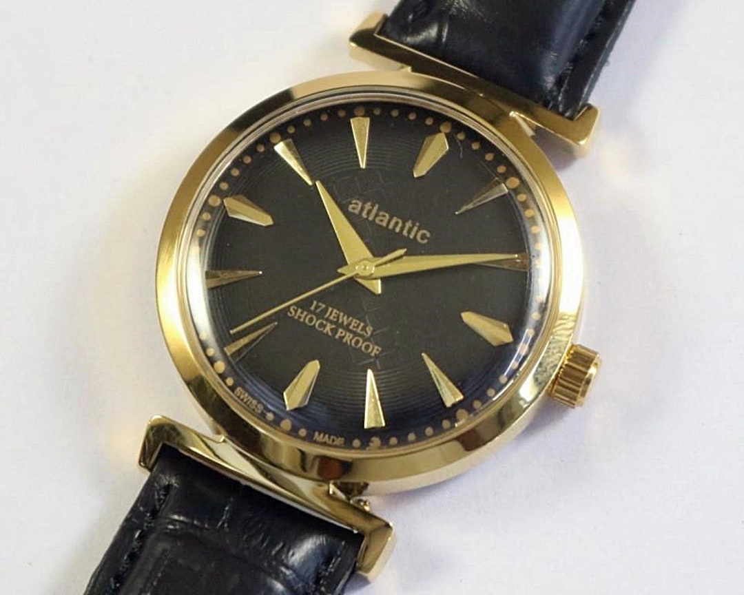 Vintage Atlantic Swiss Made Hand Winding Mens Wrist Watch Black Dial ...