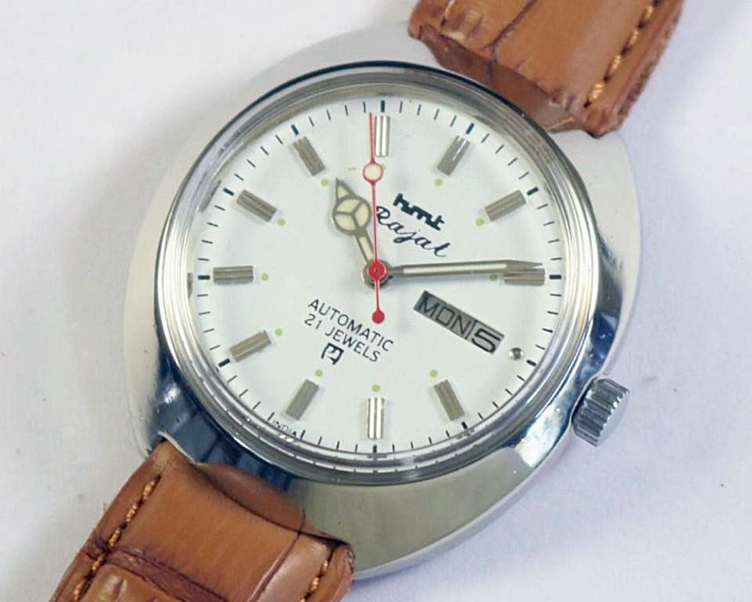 Vintage HMT Rajat White Dial Indian Automatic Mens Wrist Watch Day Date ...