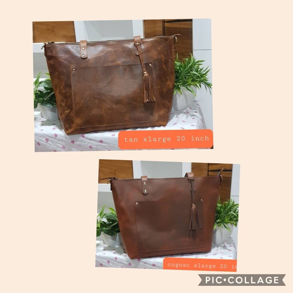 Leather Tote Bag With Zipper Outside Pocket Leather - Etsy Canada