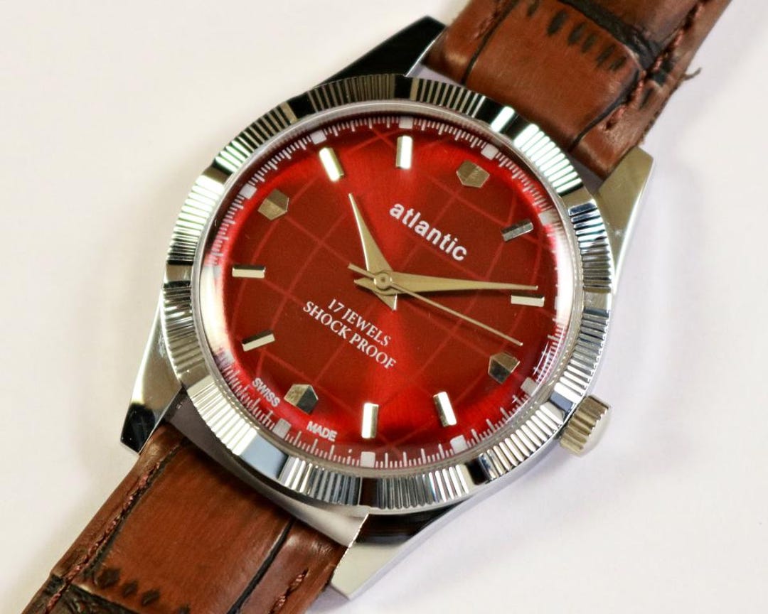Vintage Atlantic Swiss Made Hand Winding Mens Wrist Watch Sunburst Red ...