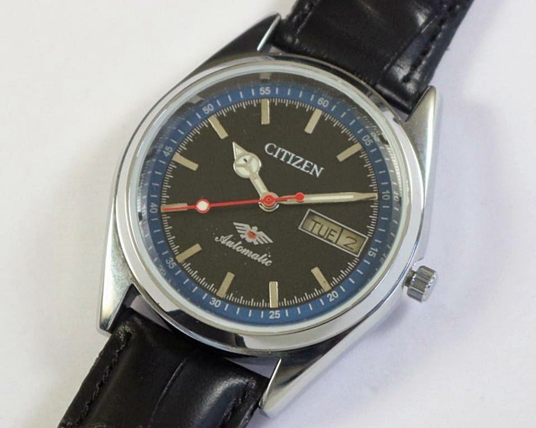 Vintage Citizen Eagle 7 Automatic 8200A Japan Mens Wrist Watch Exhibition Back Black Dial ...