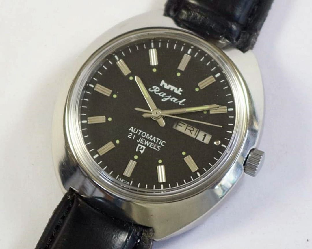 Vintage HMT Rajat Black Dial Indian Automatic Mens Wrist Watch Day Date ...