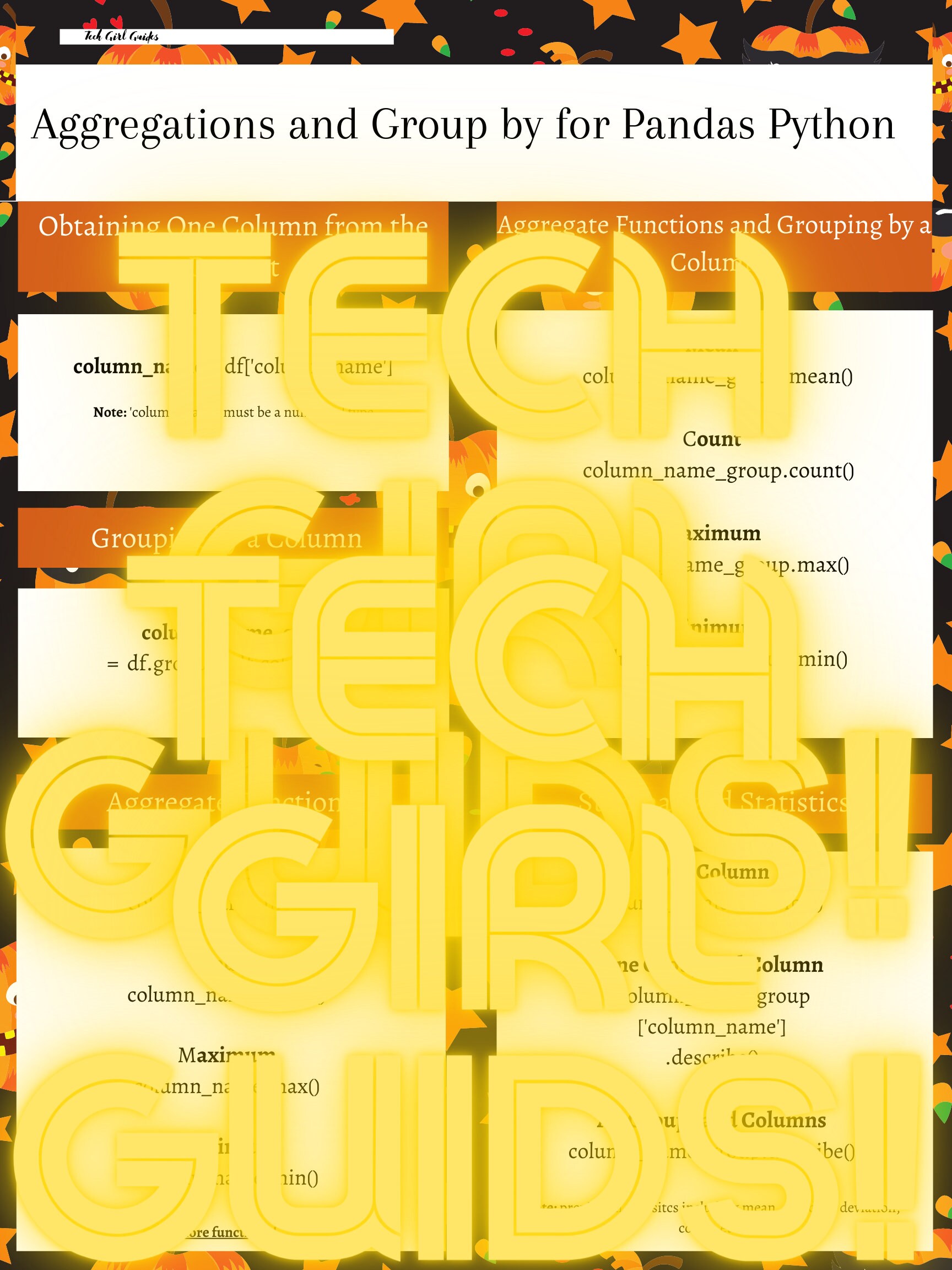 Python Pandas Cheat Sheet Aggregation and Group by Functions lemon, Yellow Flower Design ...