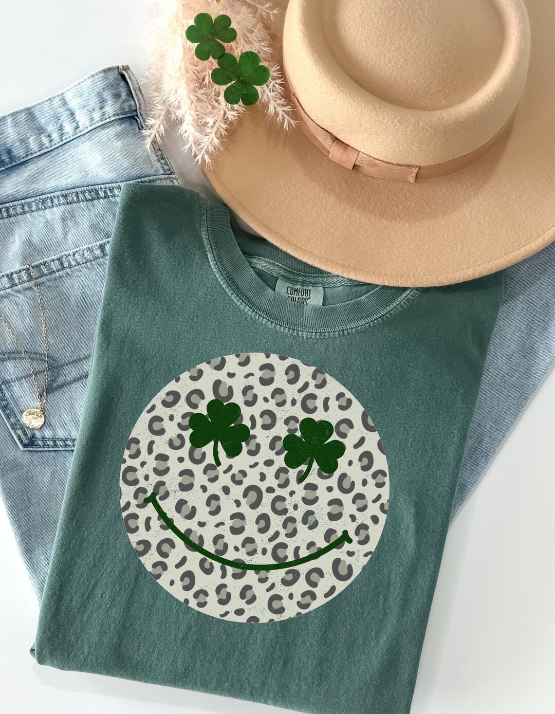 Vintage Shamrock Smiley Face Shirt Cheetah Print St. Patrick's Day Tee ...