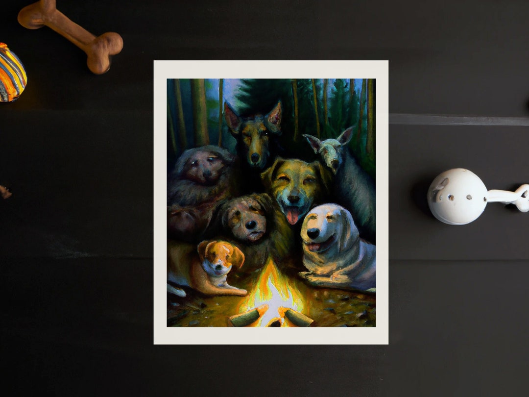 8x10in Fine Art Print | Campfire | Dogs | Animal Artwork | Camping| Dog ...