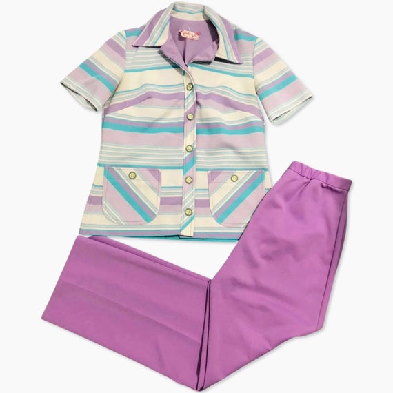 Vintage 1970s purple rainbow leisure suit, 70s groovy… - Gem