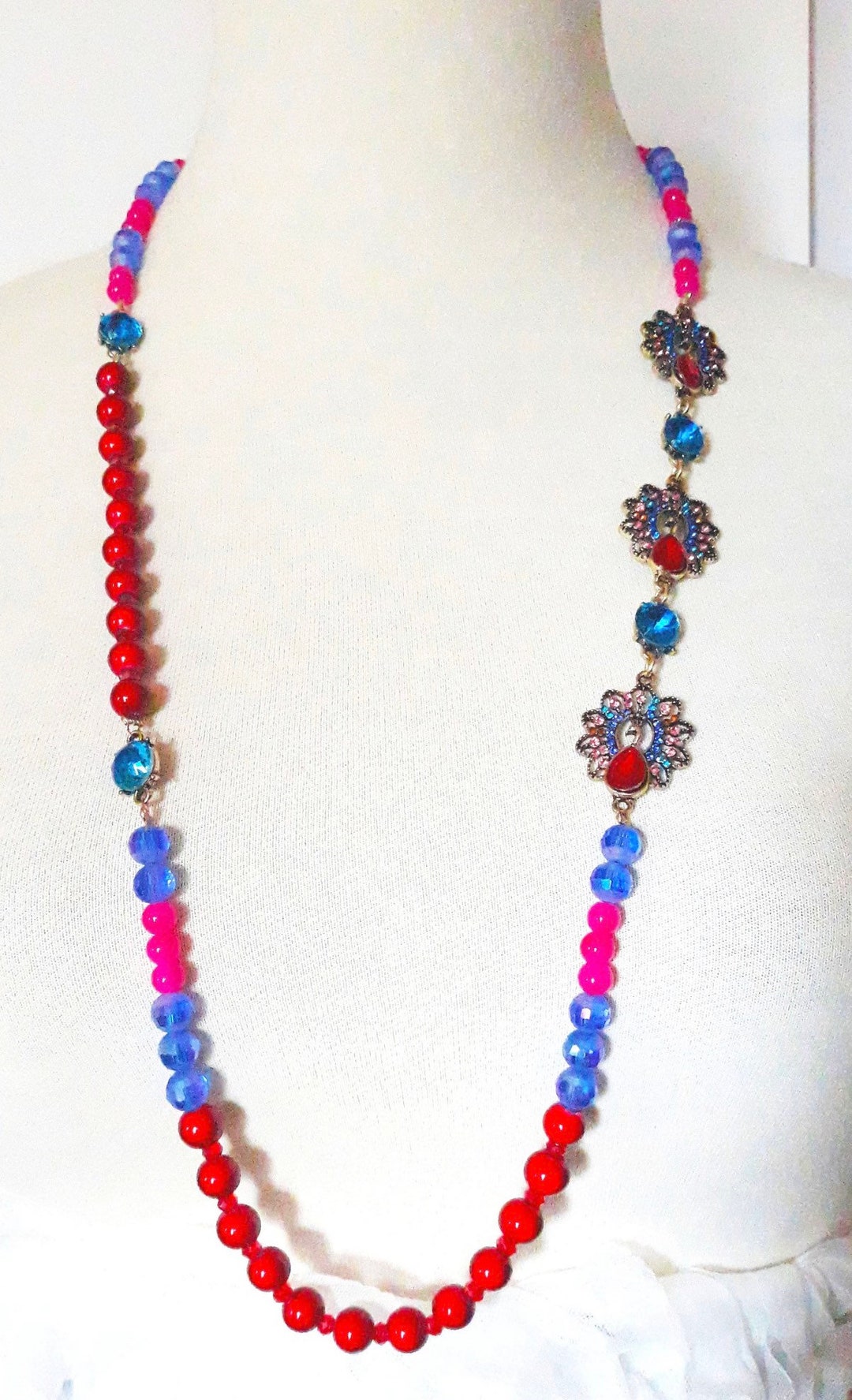 Vintage Upcycled Necklace, Long Red and Blue Vintage Necklace, Peacock ...