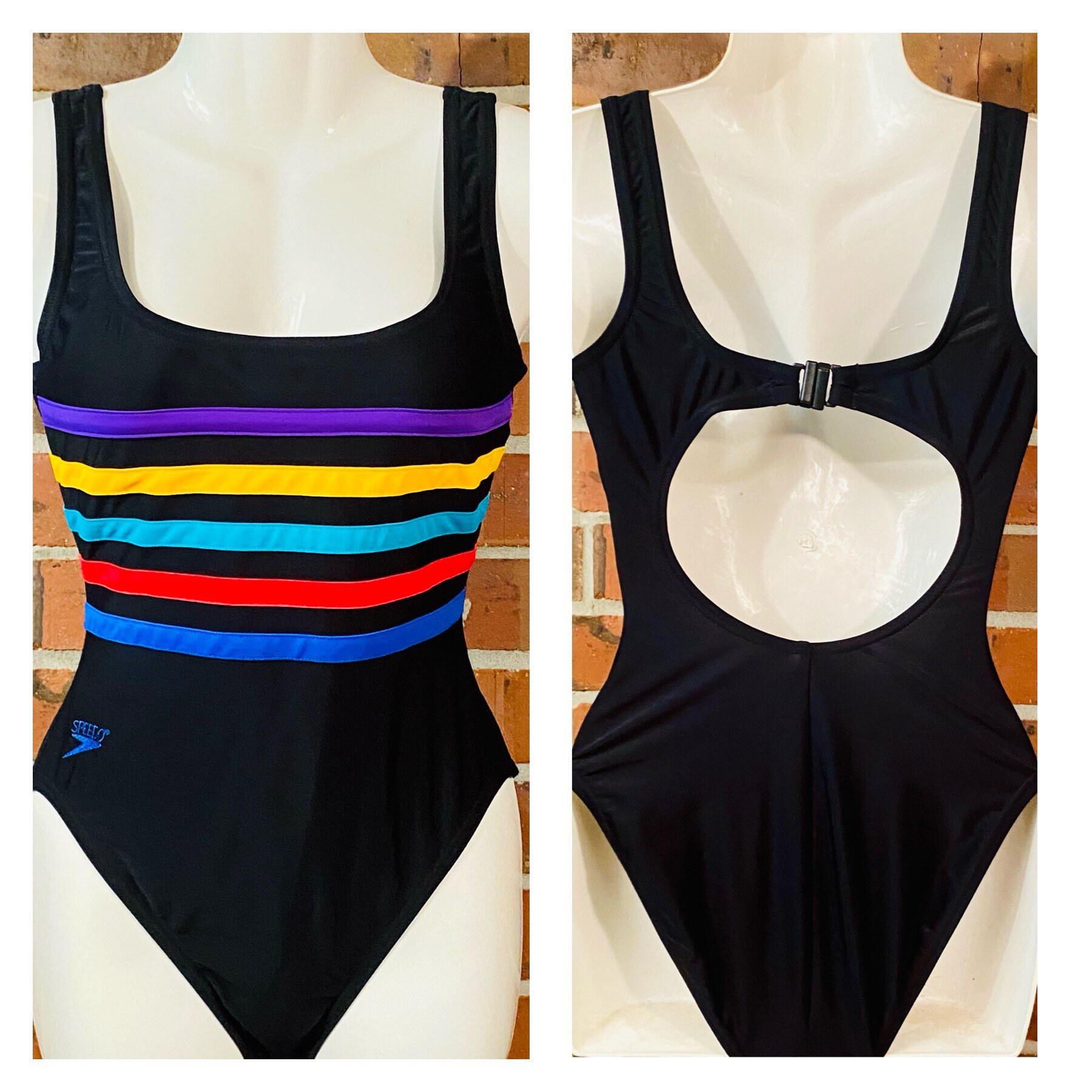 Vintage 1980s Rainbow Striped Black One Piece Speedo Swimsuit Etsy