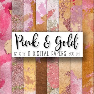 Pink and Gold Digital Paper, Digital Scrapbook Paper, Pretty Watercolor ...