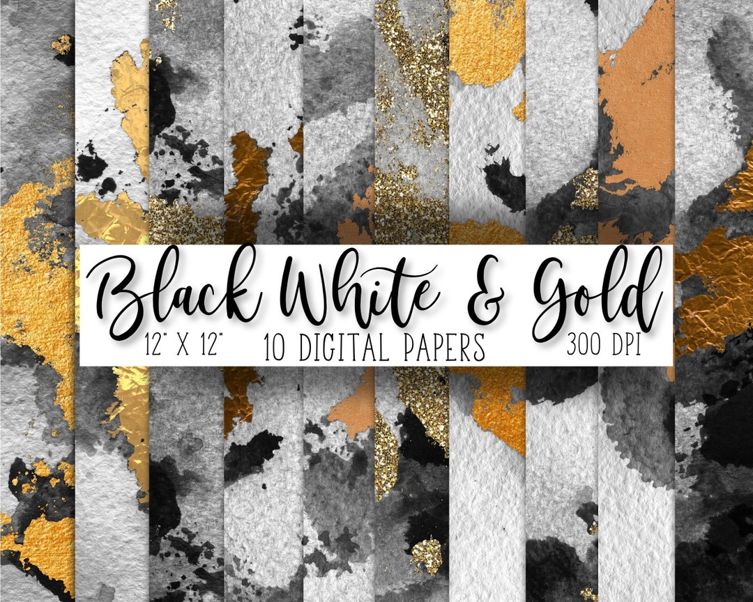 Black and Gold Watercolor Digital Scrapbook Paper, Gold Tie Dye ...