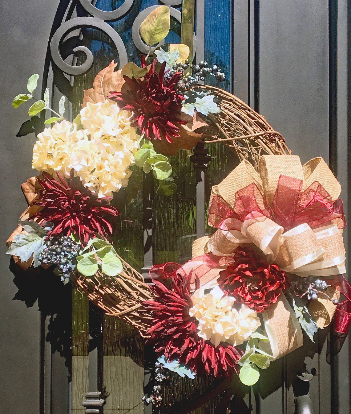 Cream and Burgundy Wreath Fall Winter Wreath Large Front | Etsy