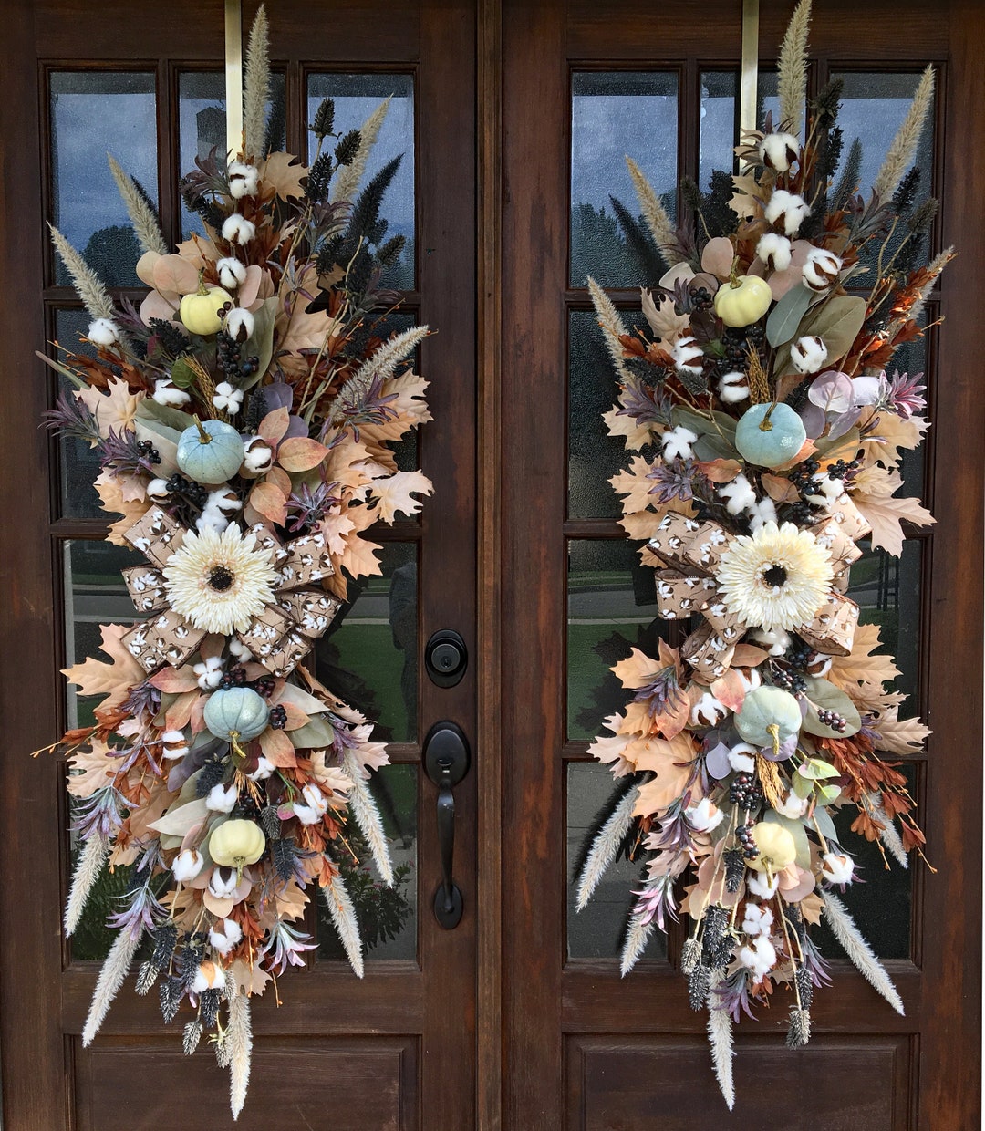 XL Fall Swags for Front Double Doors, Natural Design, Pumpkins, Cotton ...