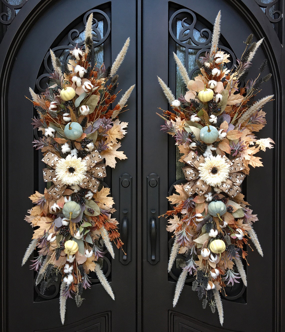 XL Fall Swags for Front Double Doors, Natural Design, Pumpkins, Cotton ...