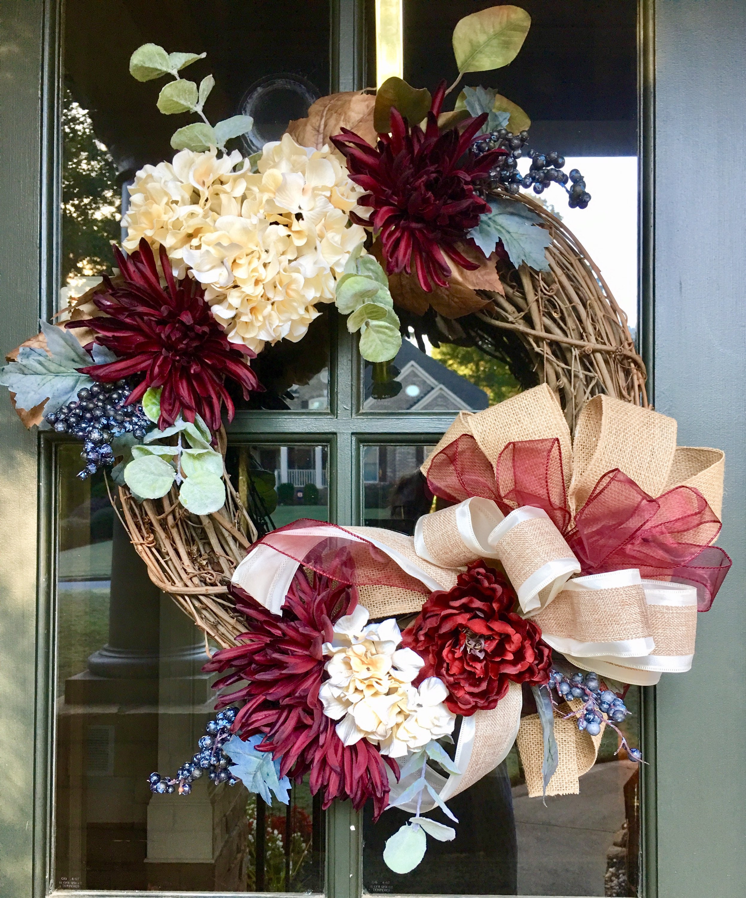 Cream and Burgundy Wreath Fall Winter Wreath Large Front | Etsy