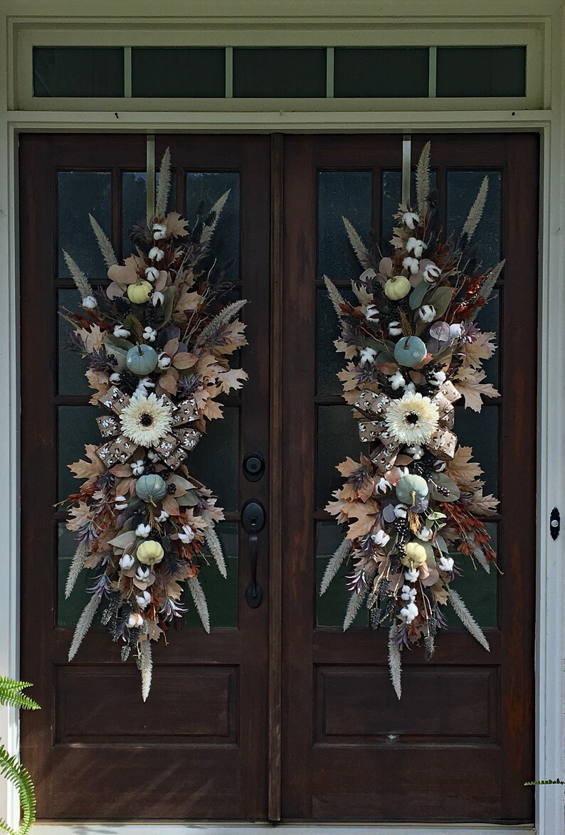 XL Fall Swags for Front Double Doors, Natural Design, Pumpkins, Cotton ...