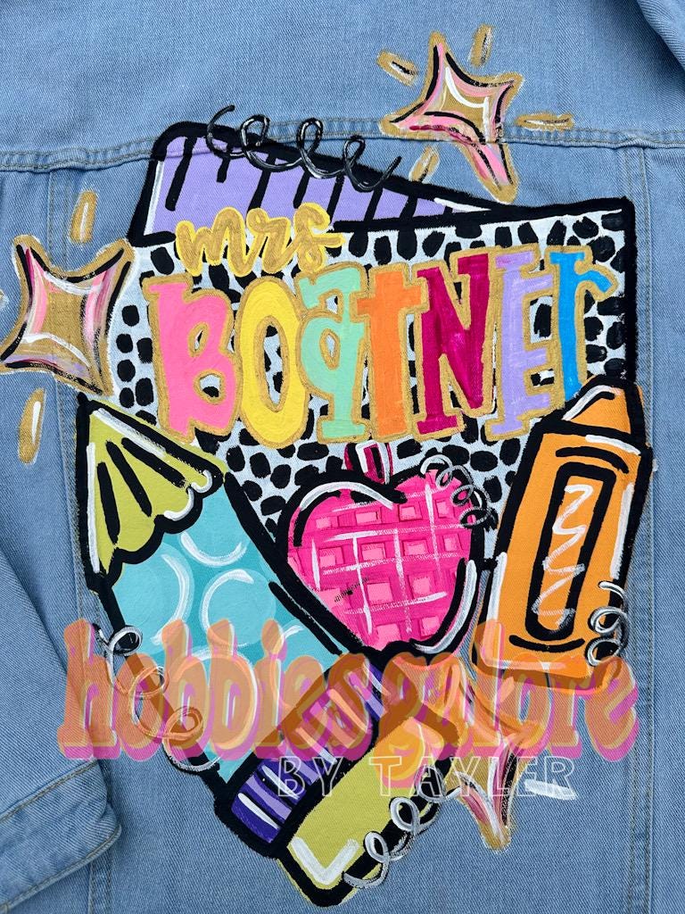 Teacher Themed Blue Jean Jacket, Denim Painted Jacket, Painted Blue ...