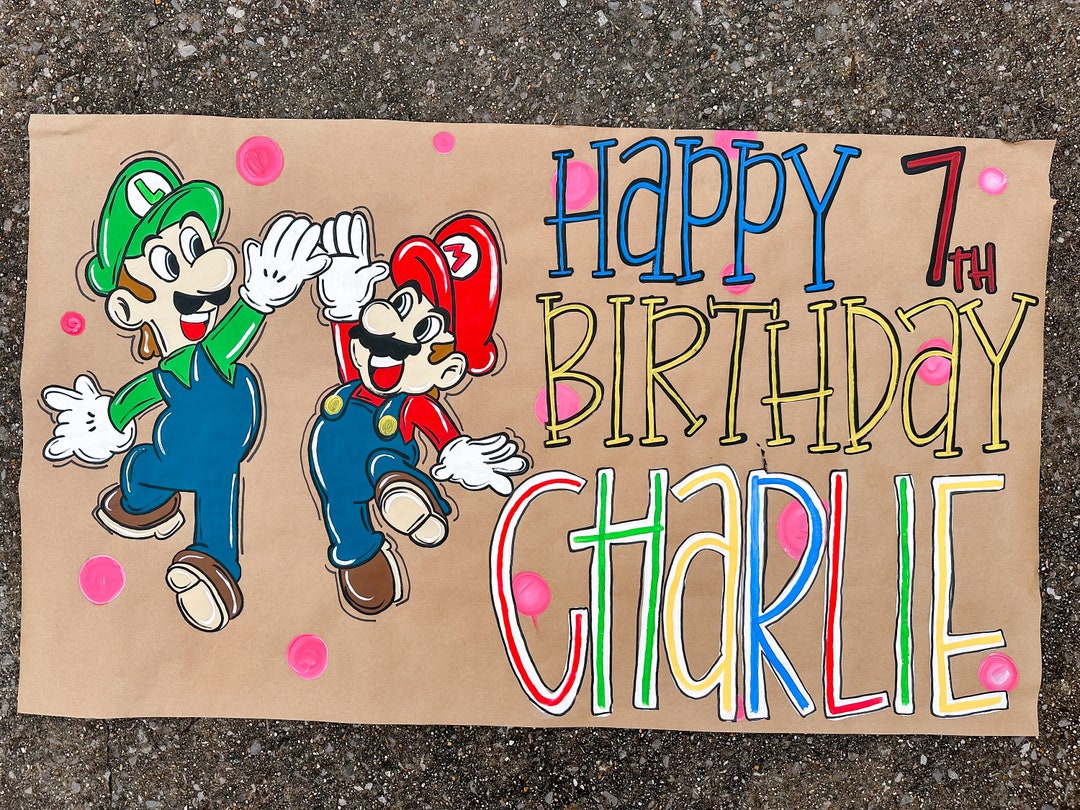 Super Mario Painted Banner, Mario Birthday, Brown Painted Banner ...