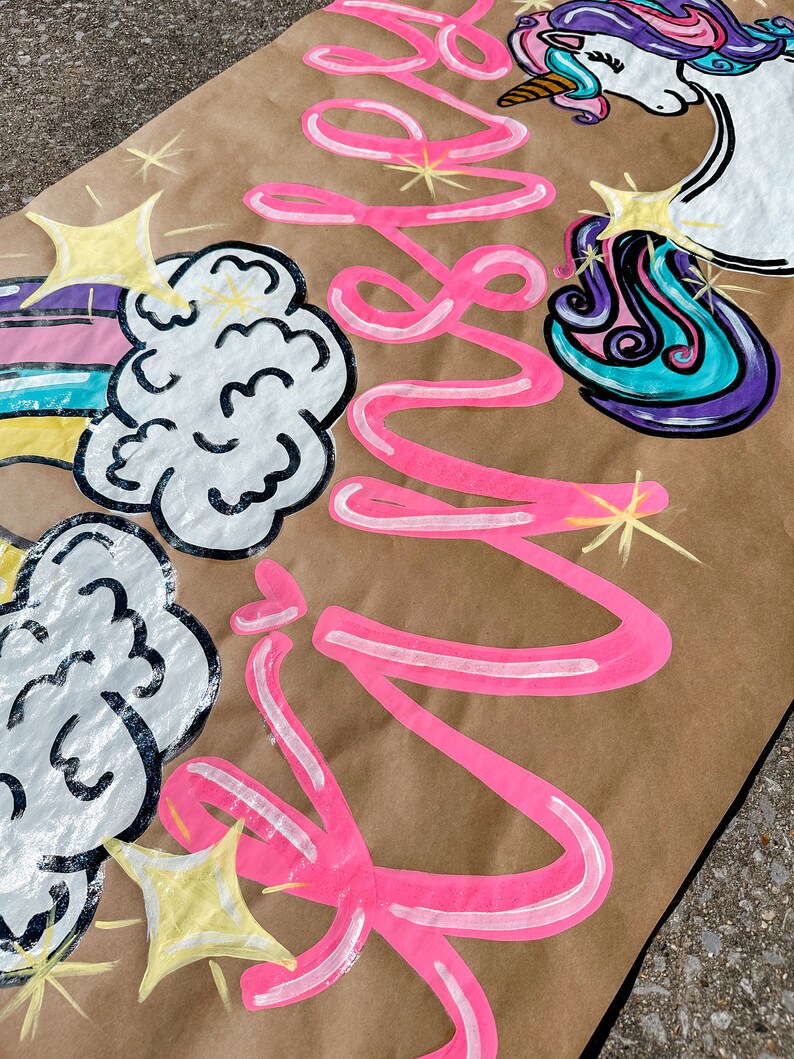Unicorn Banner, Painted Brown Paper Banners, Painted Banners, Birthday ...
