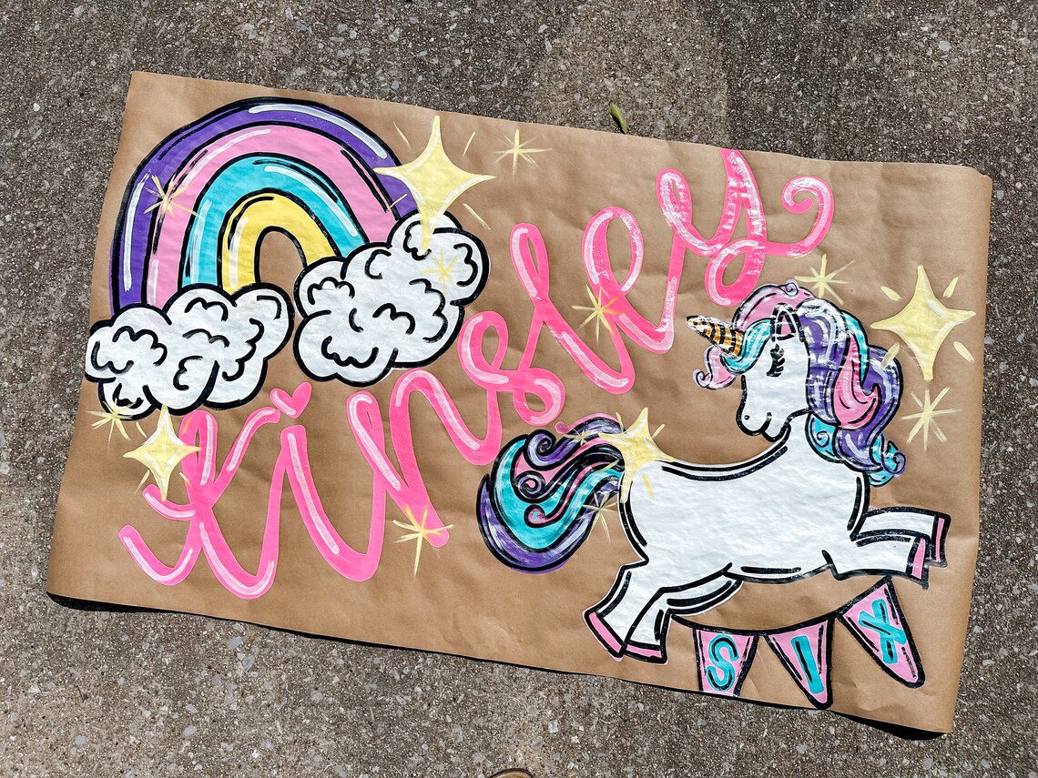 Unicorn Banner, Painted Brown Paper Banners, Painted Banners, Birthday ...