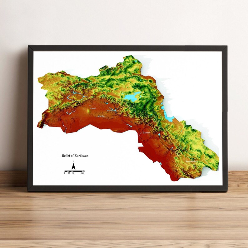 Kurdistan Minimalist Relief Map | Kurdistan Wall Art | Kurdistan Framed ...