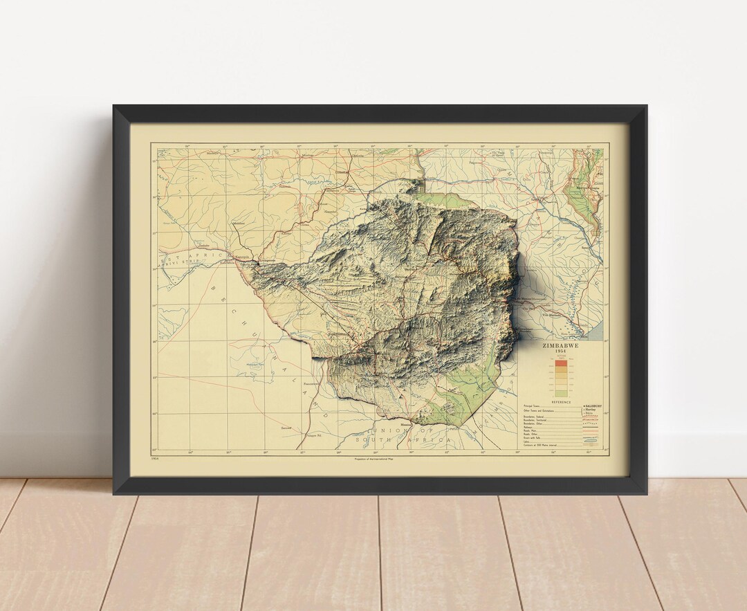 Zimbabwe Vintage Relief Map, Based on 1954 Original | Zimbabwe Wall Art ...