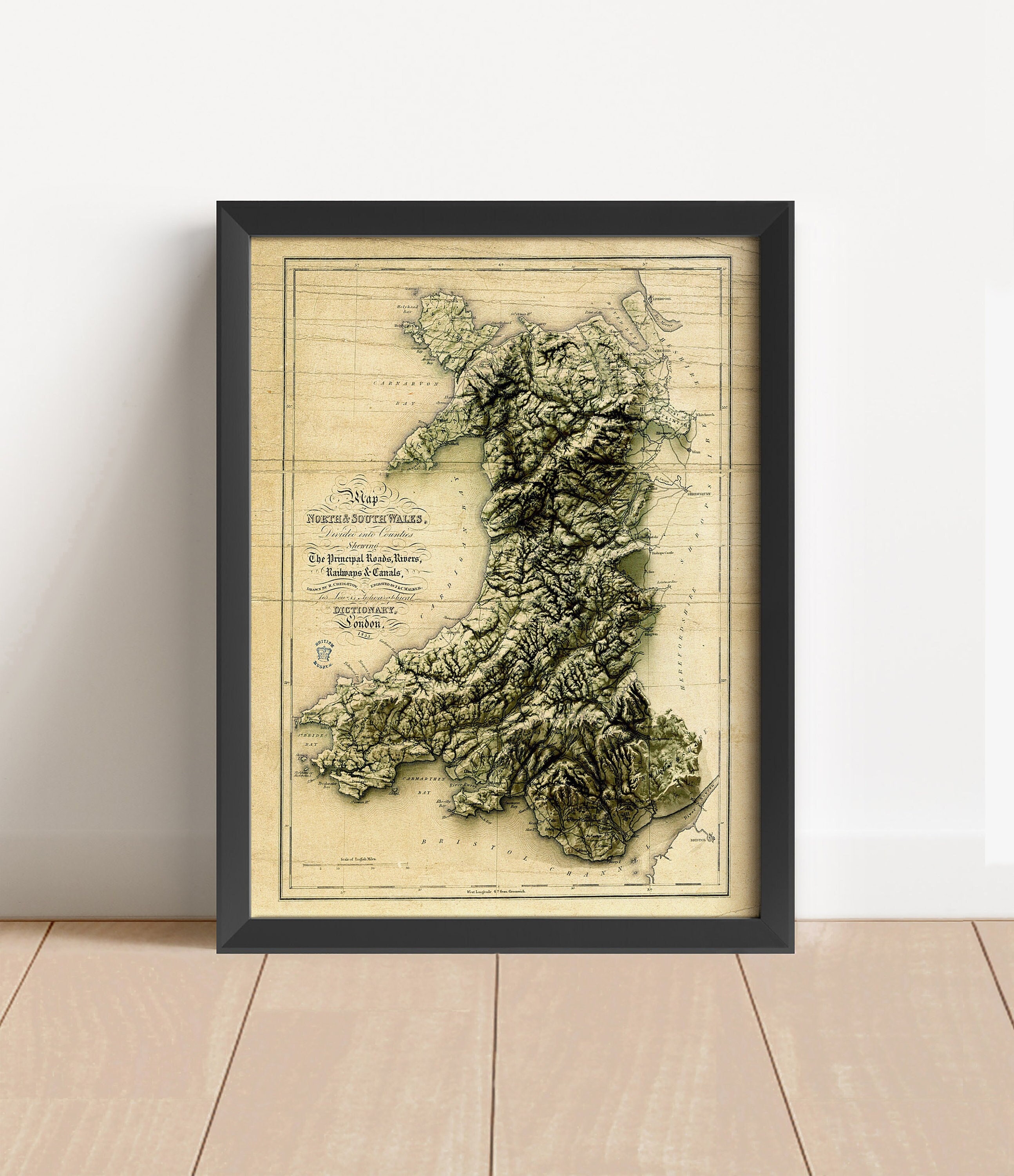 Wales Map 1833, Wales Relief Map, Wales Wall Decor, Wales Vintage Map ...