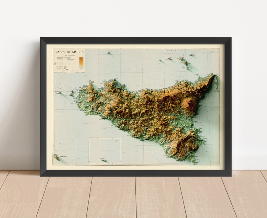 Sicily (italy) Vintage Relief Map, Based on 1943 Original | Wall Art ...