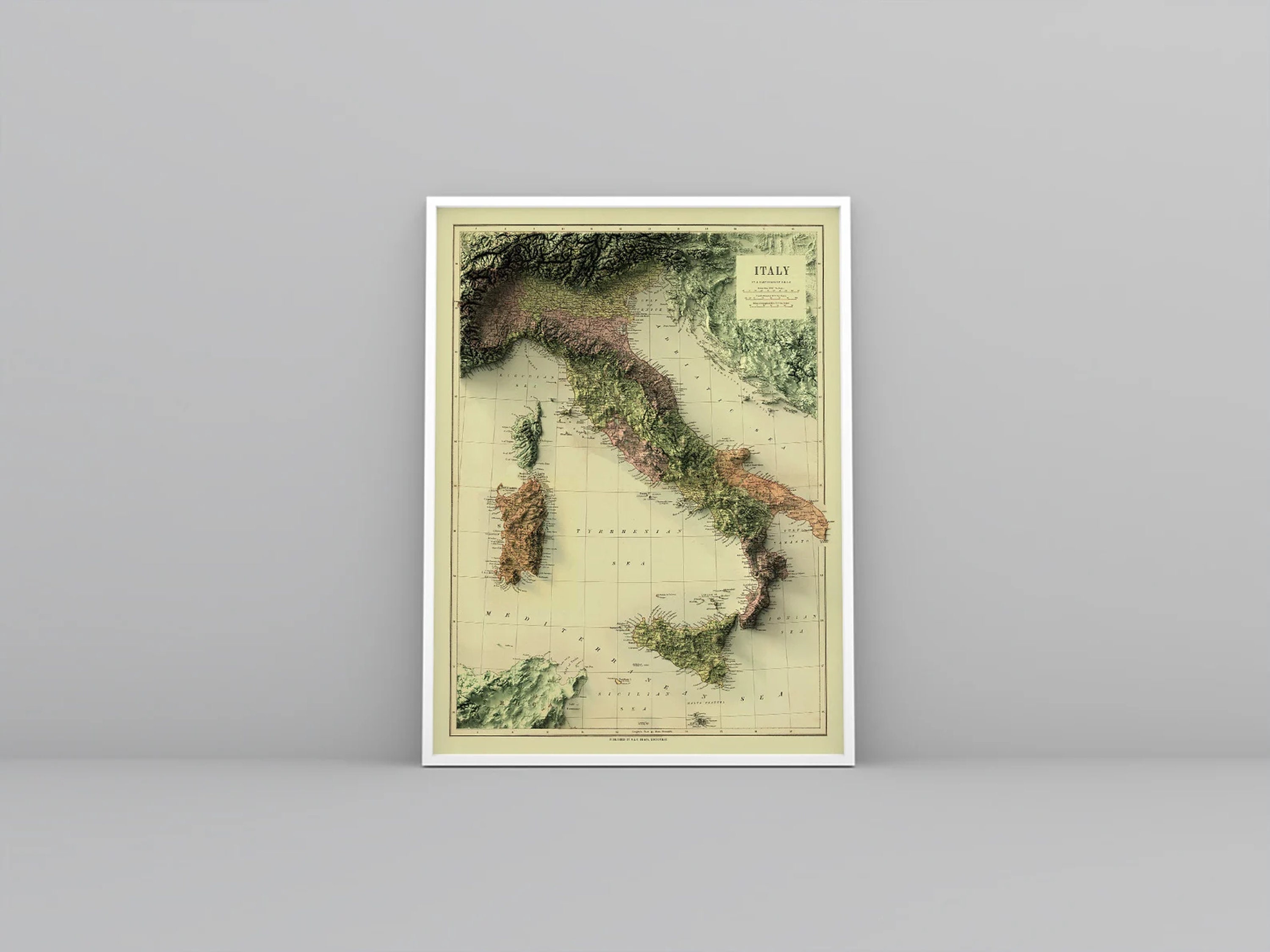 Italy Map 1890, Italy Relief Map, Italy Wall Decor, Italy Vintage Map ...