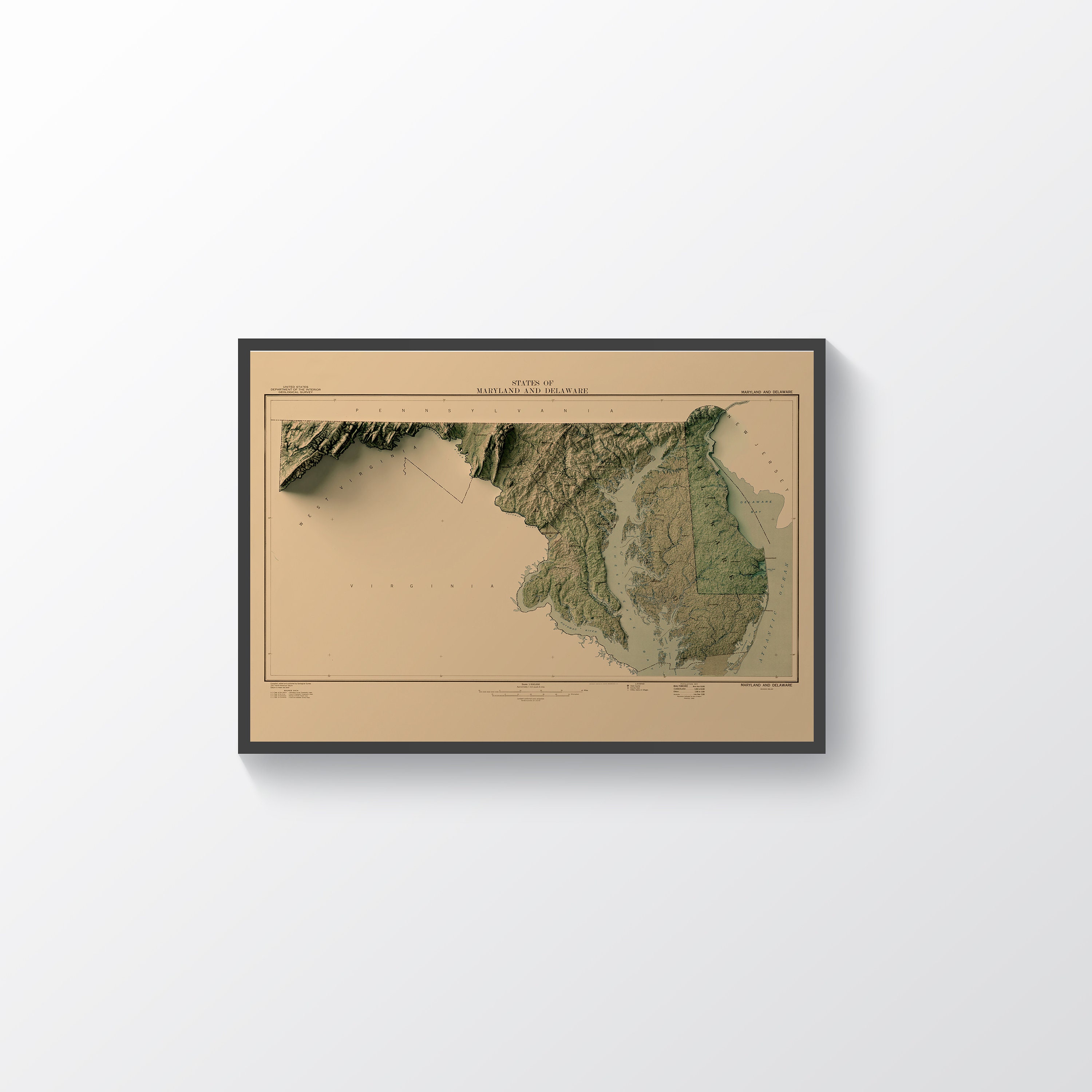 Maryland Map 1950, Maryland Relief Map, Maryland Wall Decor, Maryland ...