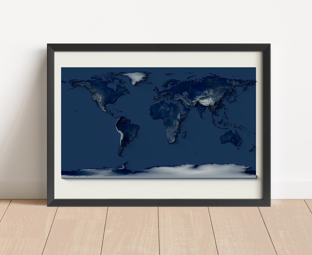 World Shaded Relief Map With Dark Tones | World Framed Map | Globe Wall ...
