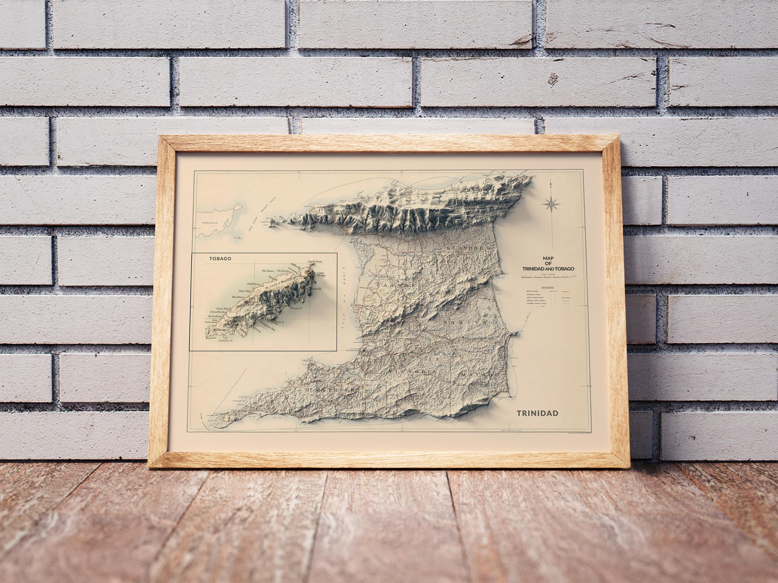 Trinidad and Tobago Vintage Relief Map, Based on 1921 Original ...